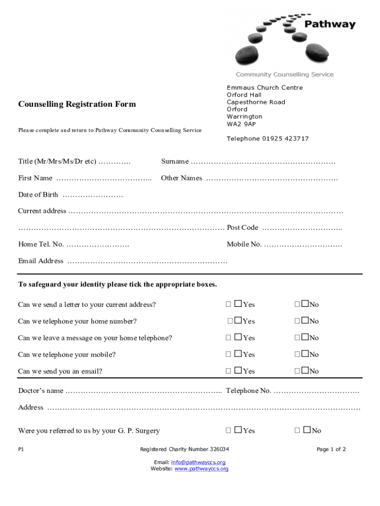 Fillable Online Counselling Registration Form - Pathway Community ...