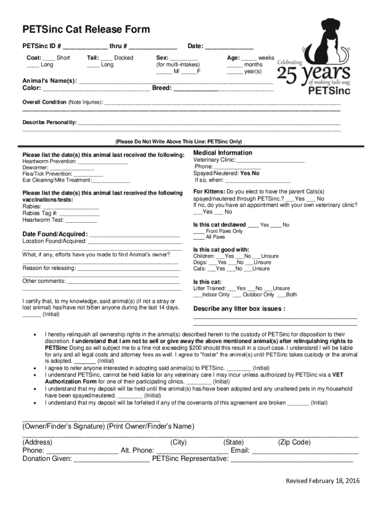 Fillable Online PDF PETSinc Cat Release Form Fax Email Print - pdfFiller