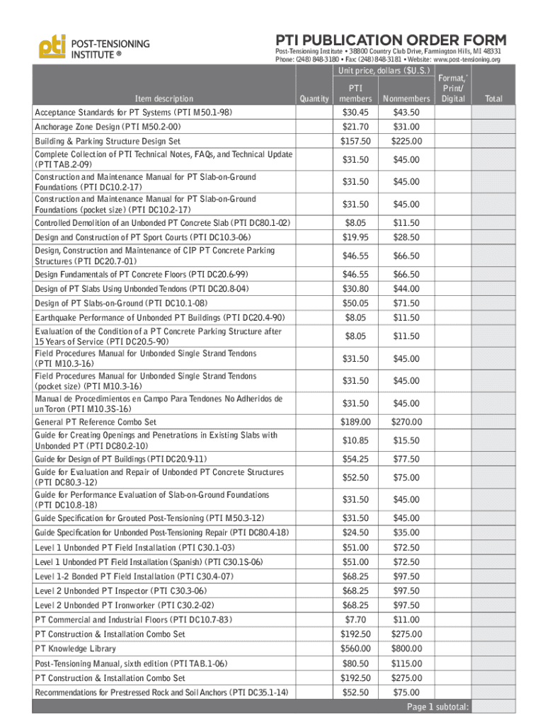 Fillable Online PTI PUBLICATION ORDER FORM - Post-Tensioning Institute ...
