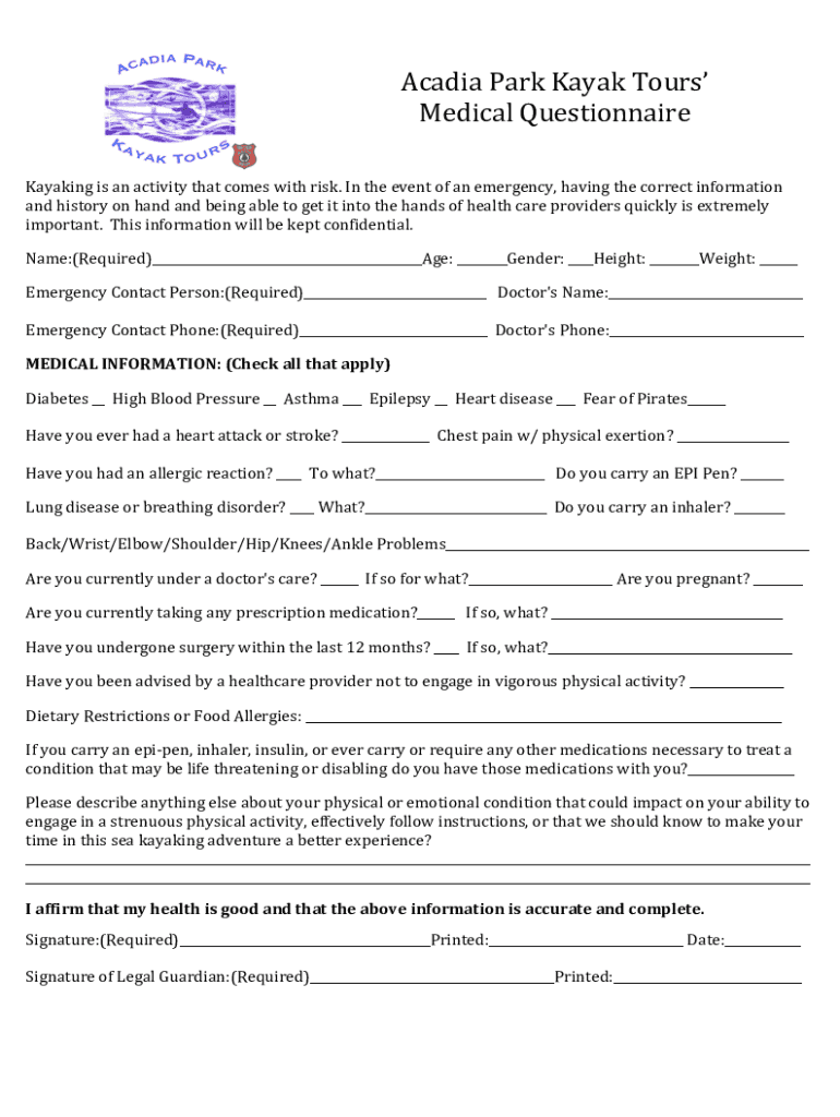 Fillable Online Acadia Park Kayak Tours Medical Form Fax Email Print ...