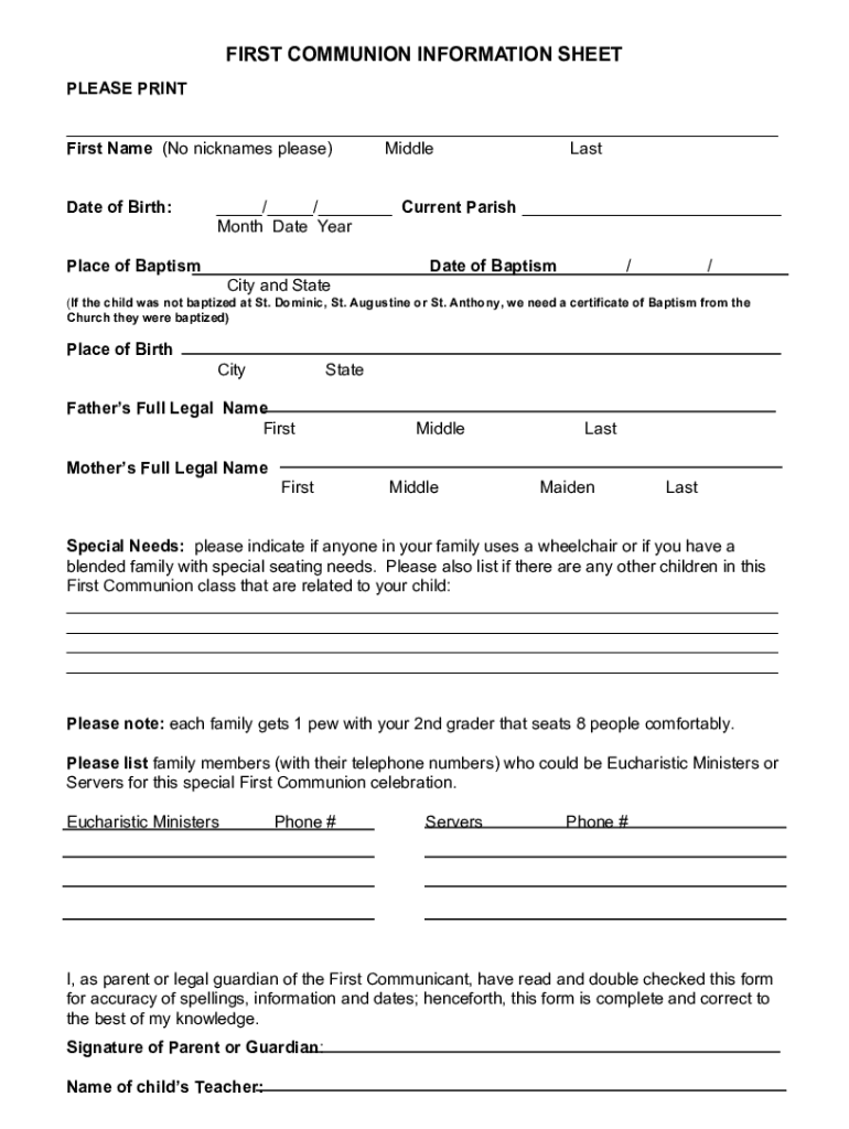Fillable Online FIRST COMMUNION INFORMATION SHEET - saintdominicbreese.org Fax Email Print ...