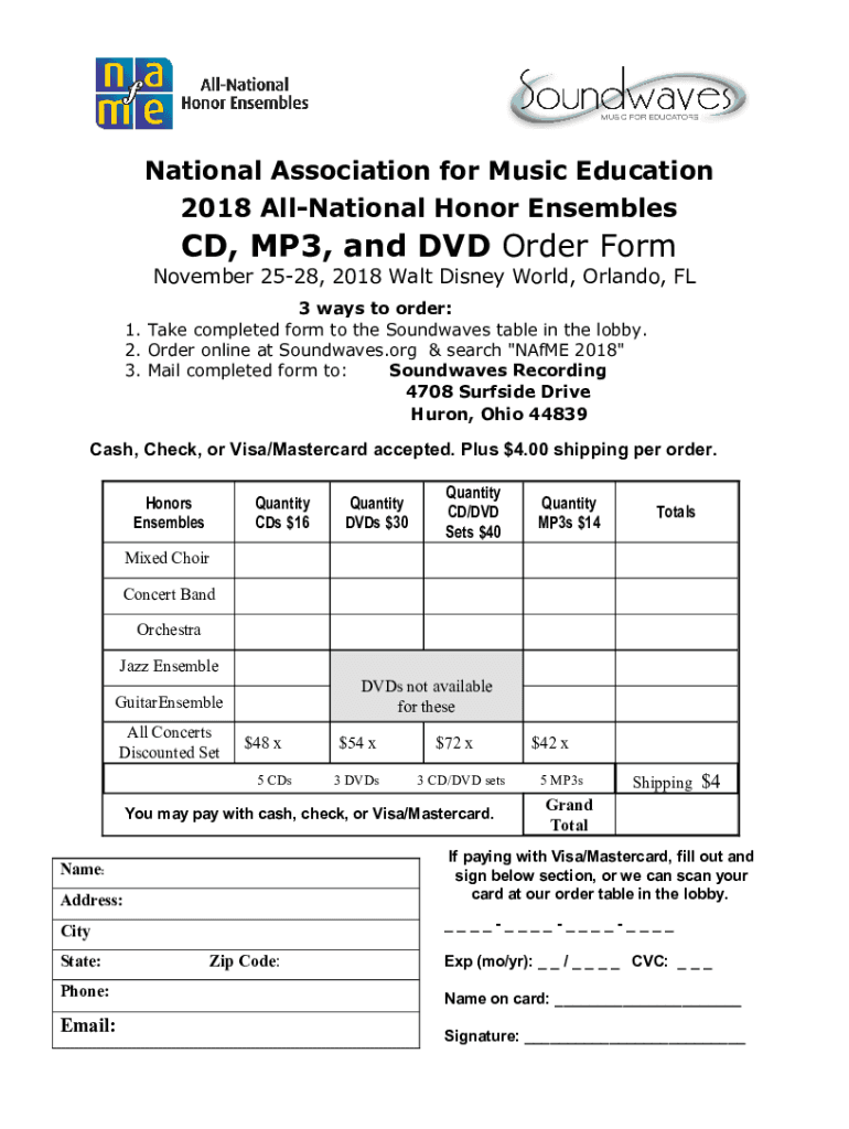 Fillable Online Word Pro - NAfME 2018 National Honors CD-DVD Order Form ...