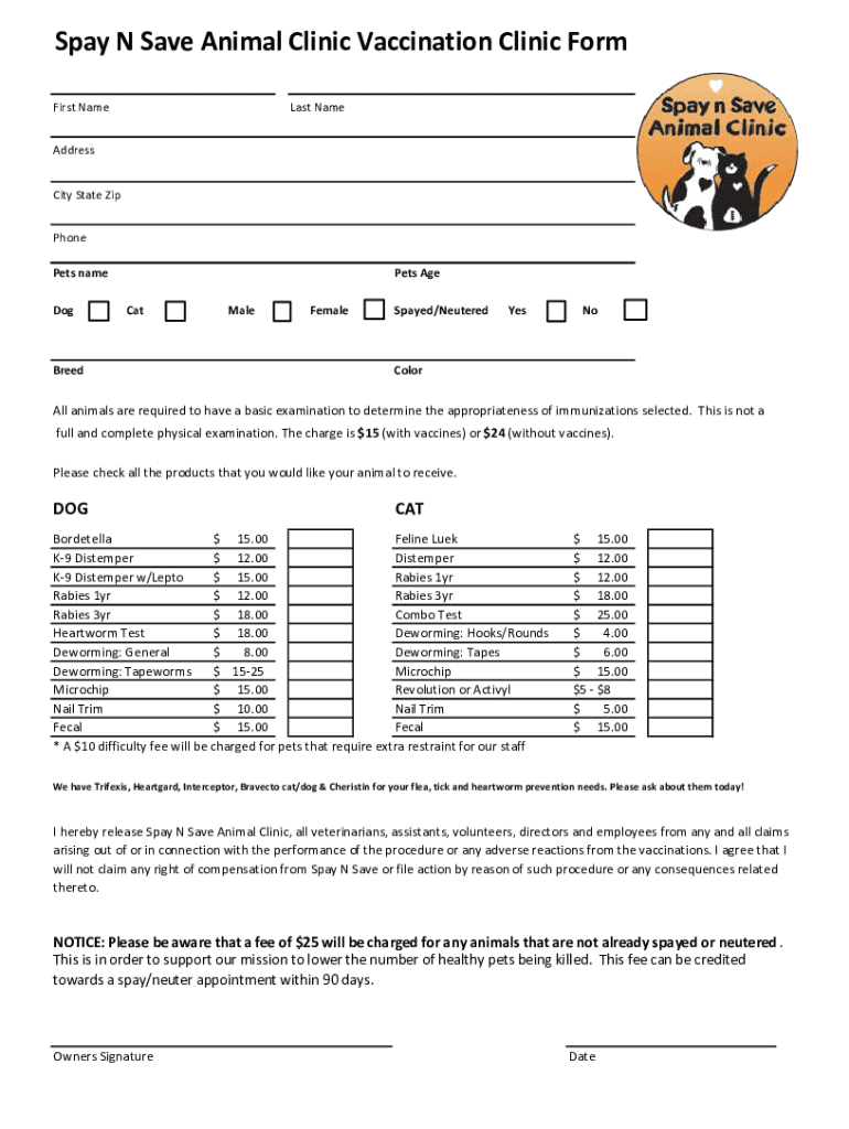 Fillable Online Spay and Neuter ClinicEugene, OR WebsiteSpay/Neuter ...