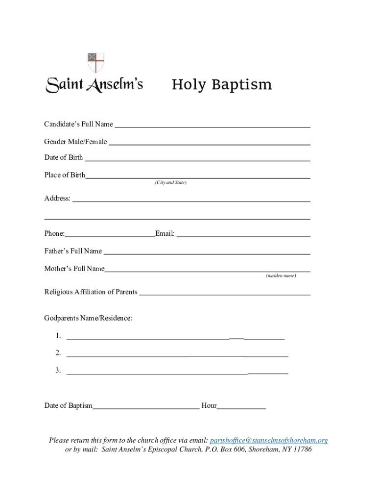 Fillable Online Baptism Application Form - Saint Anselm's Fax Email ...