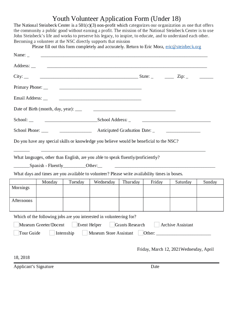 Youth Volunteer Application (Under 18) Doc Template | pdfFiller