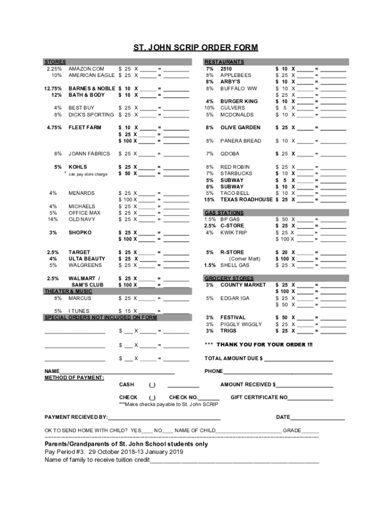 Fillable Online Scrip Order Form - St. John's Lutheran Church and School Fax Email Print - pdfFiller
