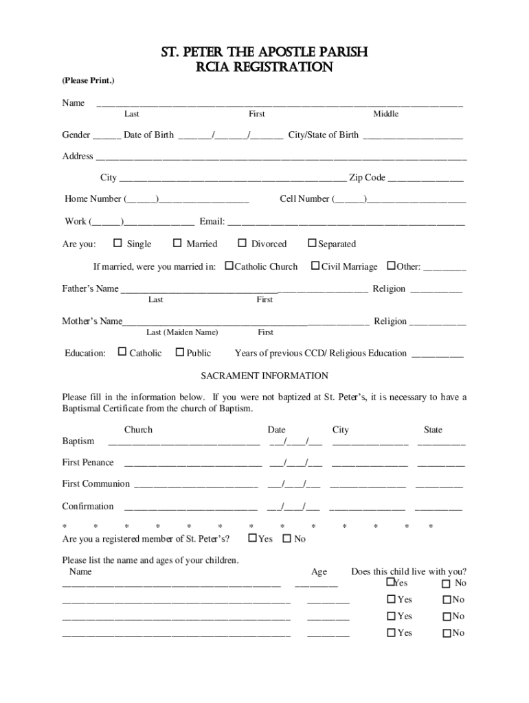 Fillable Online St. Peter the Apostle Catholic Parish - Savannah, GA ...