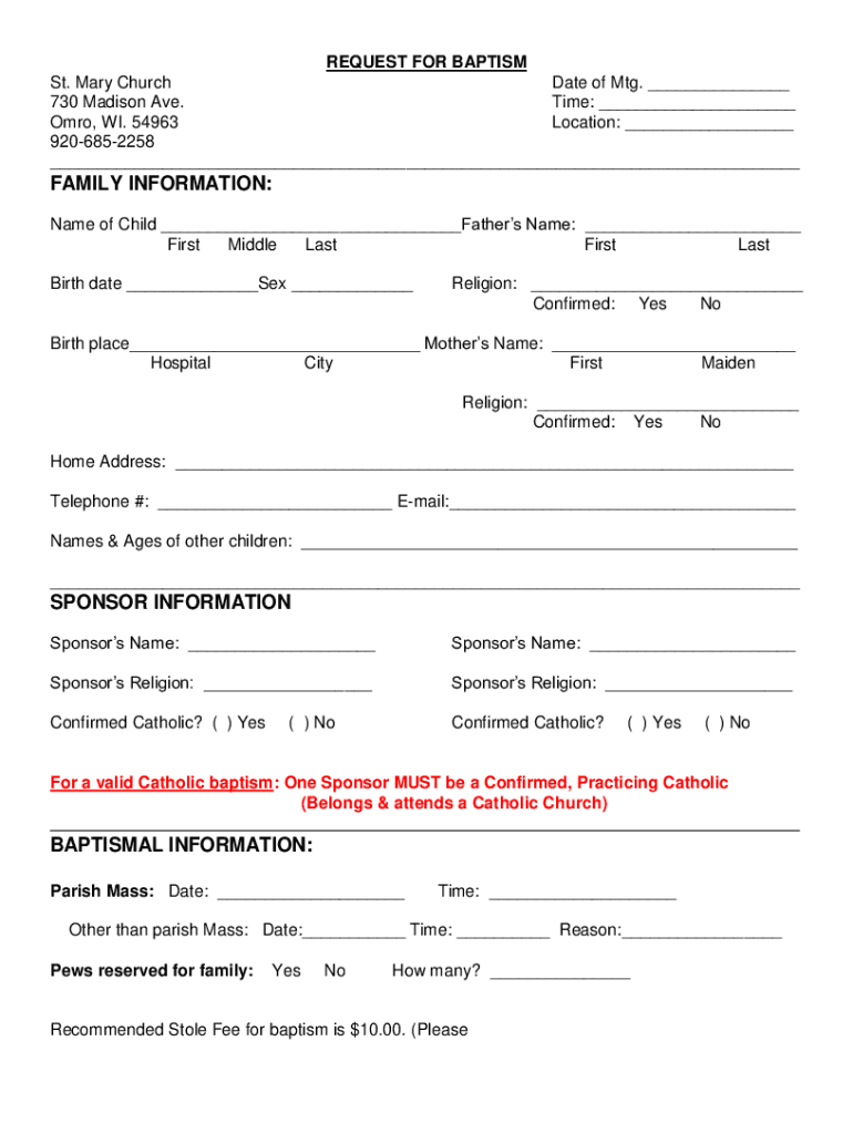 Fillable Online REQUEST FORM FOR BAPTISM - ST. MARY CHURCHES Fax Email ...