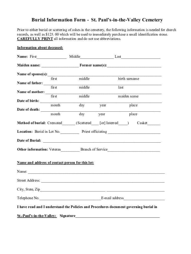 Fillable Online Burial Information Form.docx Fax Email Print - pdfFiller
