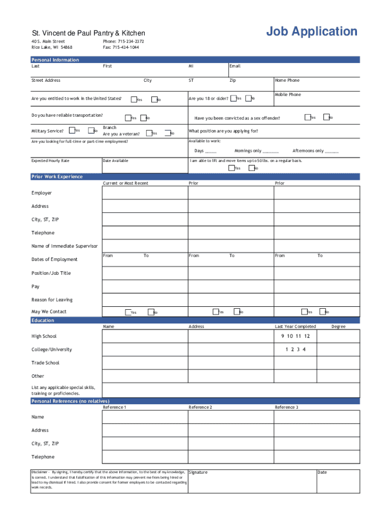 Fillable Online St. Vincent de Paul Pantry & Kitchen Job Application ...