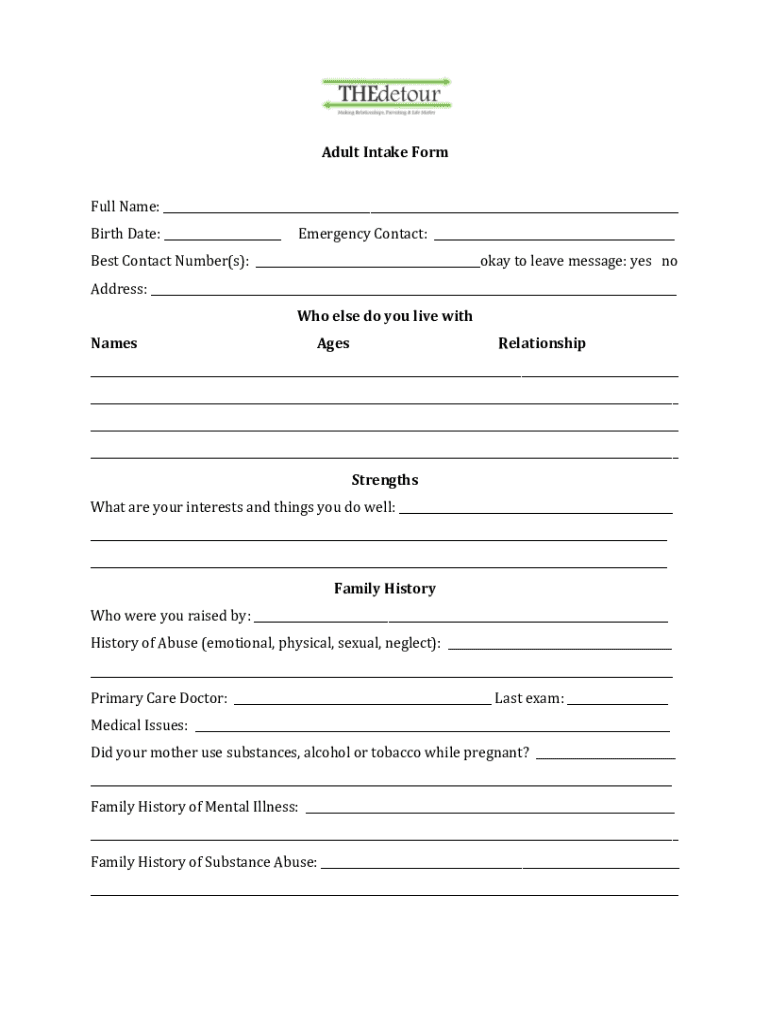 Fillable Online ADULT PSYCHOTHERAPY INTAKE FORM For Confidential Use ...