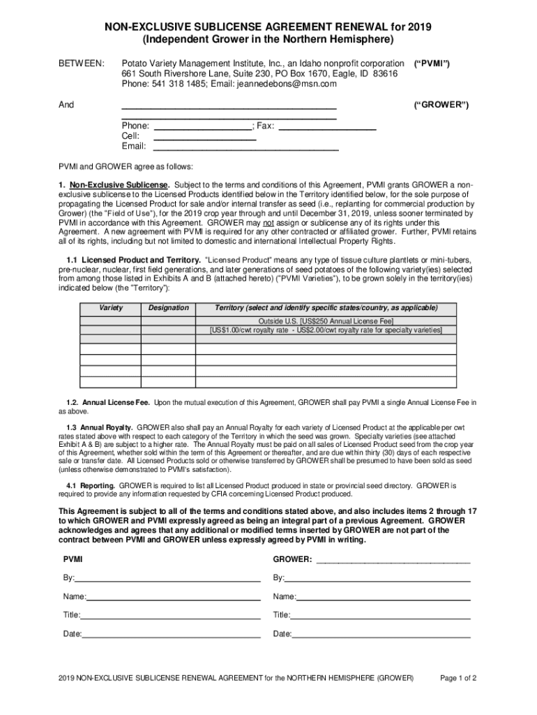 Fillable Online 2019 NON-EXCLUSIVE SUBLICENSE AGREEMENT (Independent ...