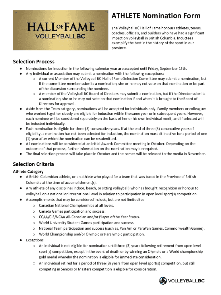 Fillable Online VBC Hall of FameVolleyball BCVBC Hall of FameVolleyball ...