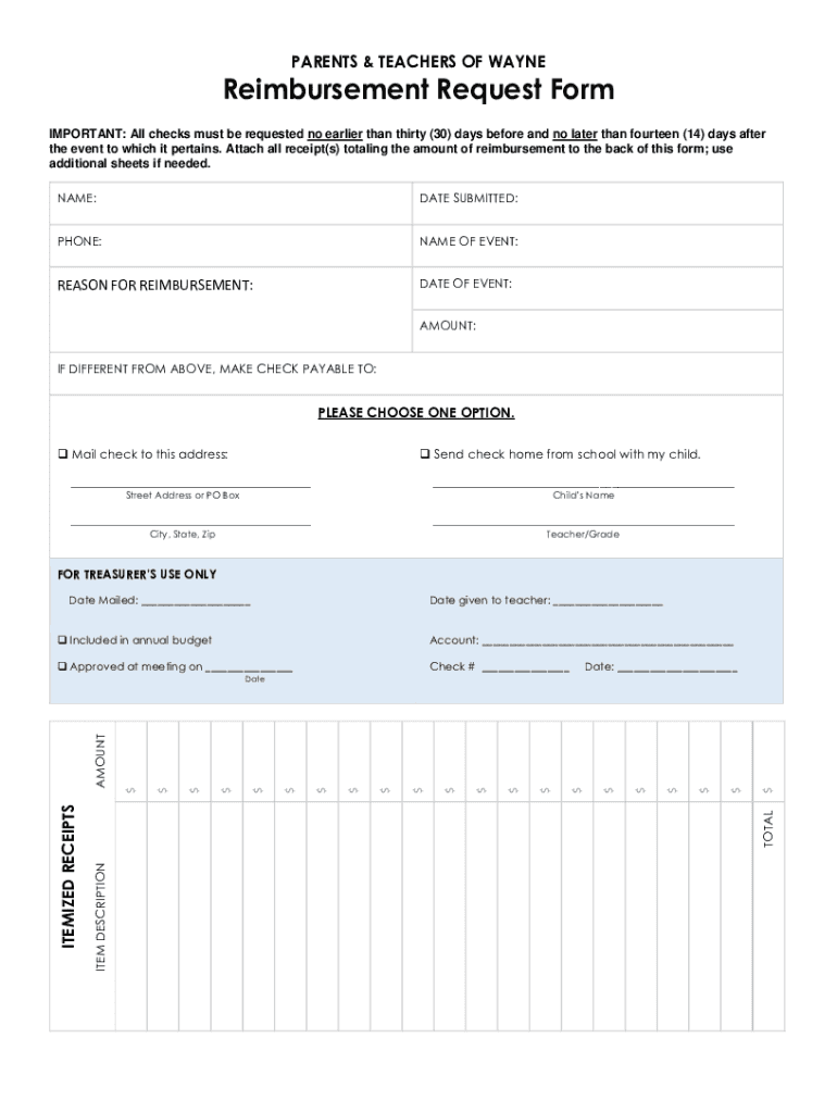 Fillable Online Expense Reimbursement Form - Parents & Teachers of ...