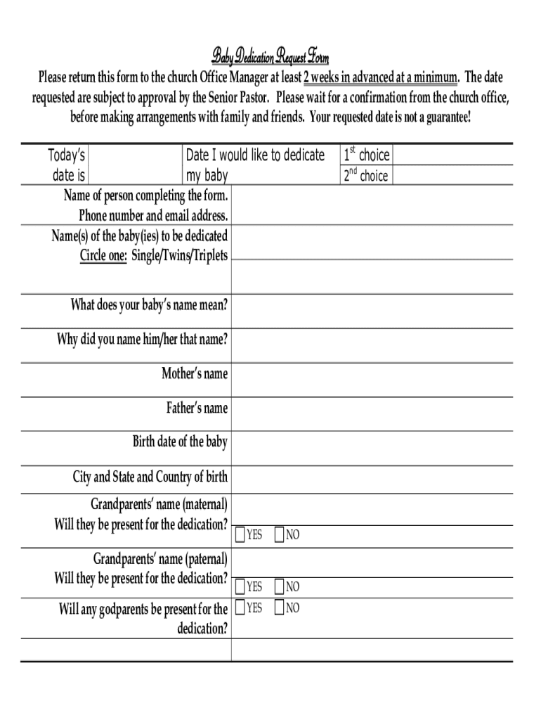 Fillable Online Baby Dedication Certificate and Baby Dedication Request ...