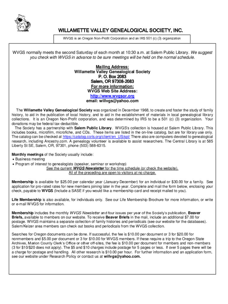 Fillable Online Willamette Valley Genealogical Society - Oregon ...
