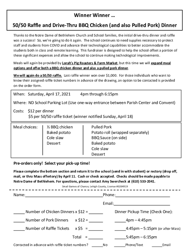 Fillable Online Winner Winner 50/50 Raffle and Drive-Thru BBQ ...