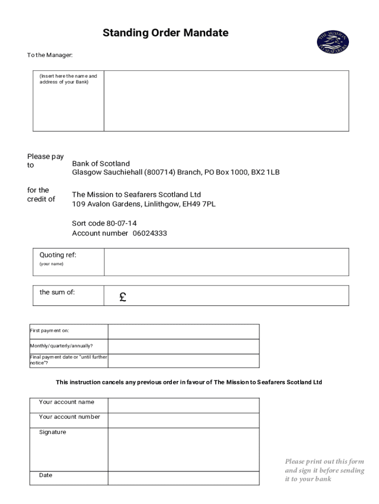 Fillable Online Standing Order Form - St Silas Church Fax Email Print ...