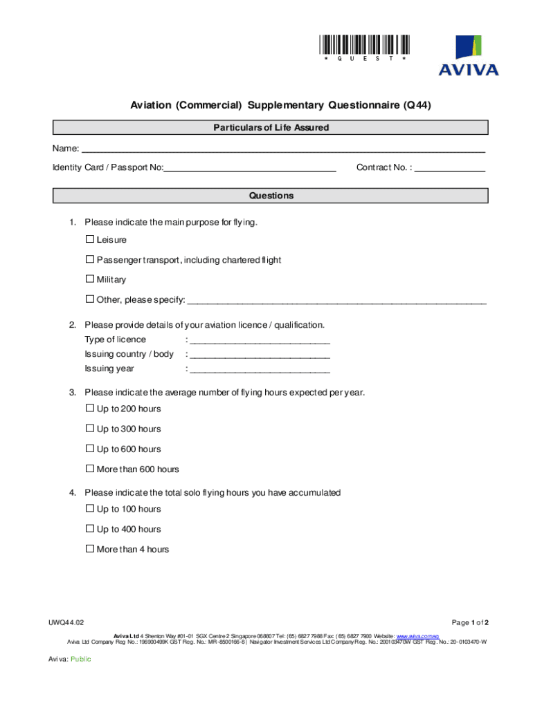 Fillable Online Q44 - Aviation (Commercial) Supplementary Questionnaire ...