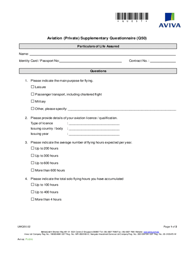 Fillable Online Q50 - Aviation Private Supplementary Questionnaire Fax ...