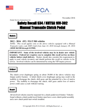 Fillable Online Safety Recall S34 / NHTSA 16V-302 Manual Transaxle ...