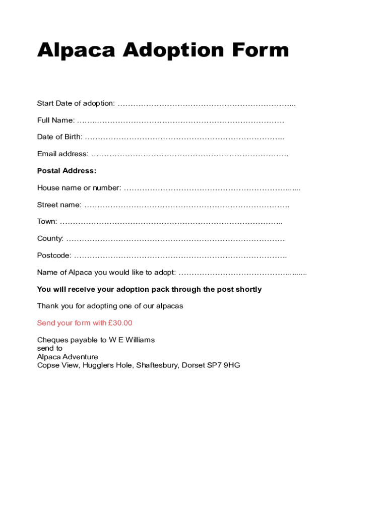 Fillable Online Fillable Online alpacaadventure co Alpaca Adoption Form ...
