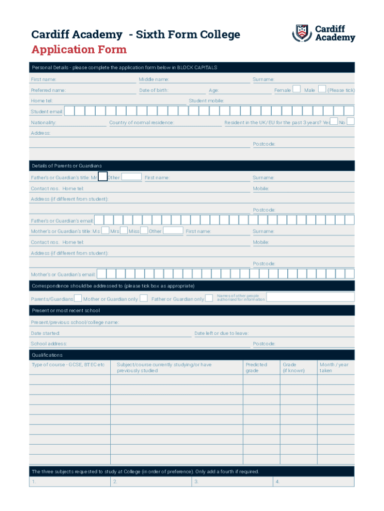 Fillable Online cardiffacademy co Application forms - Cardiff Sixth ...