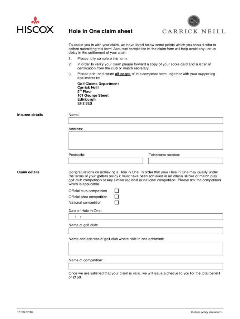 Fillable Online Hole in One claim sheet - golferspolicy.co.uk Fax Email ...