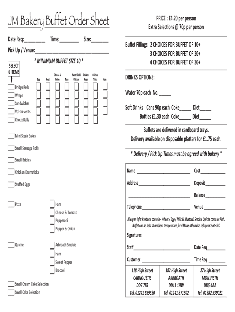Fillable Online JM Bakery Buffet Order Sheet PRICE : 4.20 per person ...
