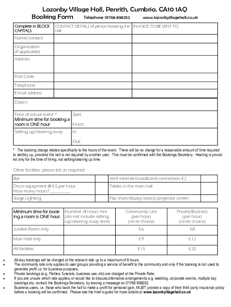 Fillable Online Lazonby Village Hall, Penrith, Cumbria. CA10 1AQ ...