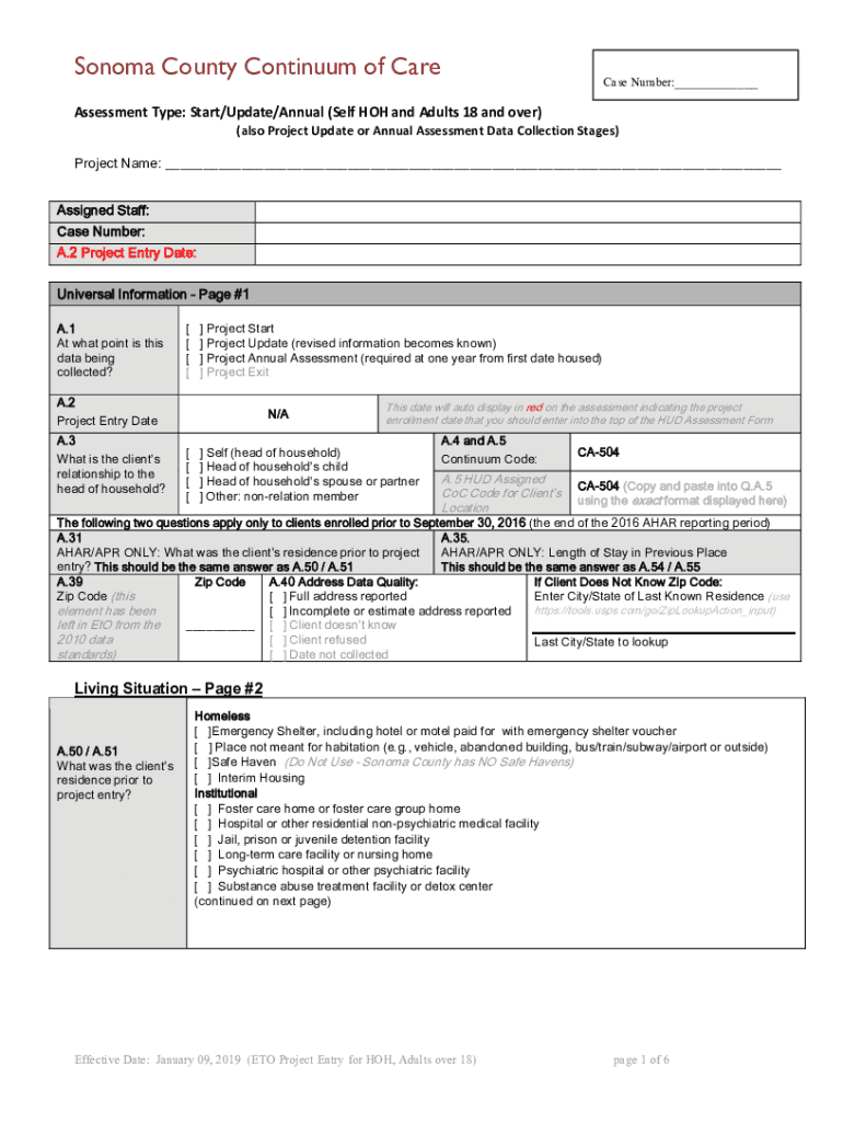 Fillable Online Sonoma County CoC - Project Entry Assessment Fax Email ...