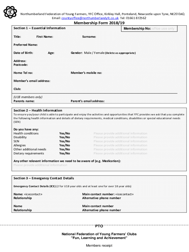 Fillable Online Membership Form 2018/19 - Northumberland Federation of ...