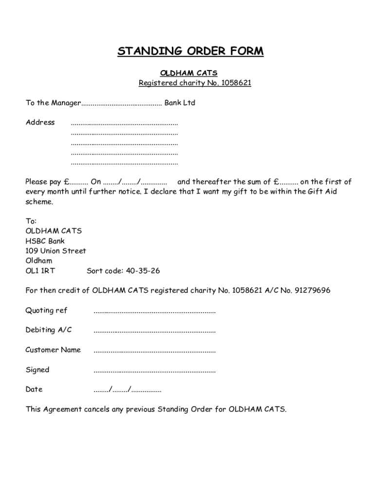 Fillable Online STANDING ORDER FORM-1 - oldhamcats.co.uk Fax Email ...