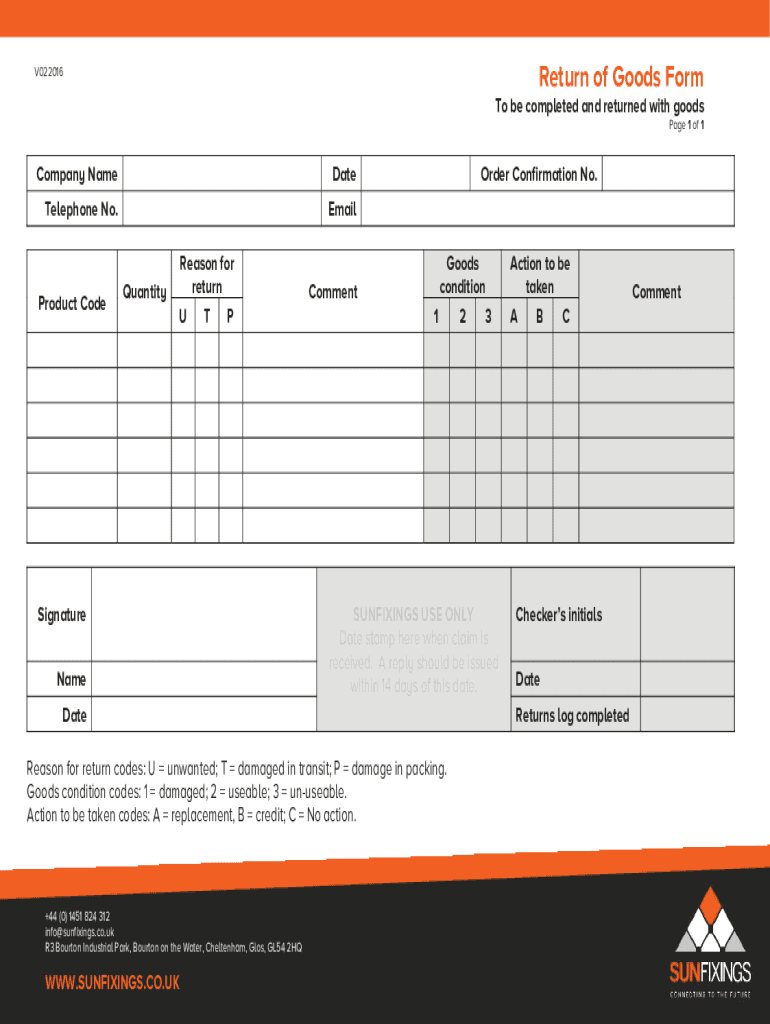 Fillable Online SUNFIXINGS Return of Goods Form V022016 Fax Email Print ...