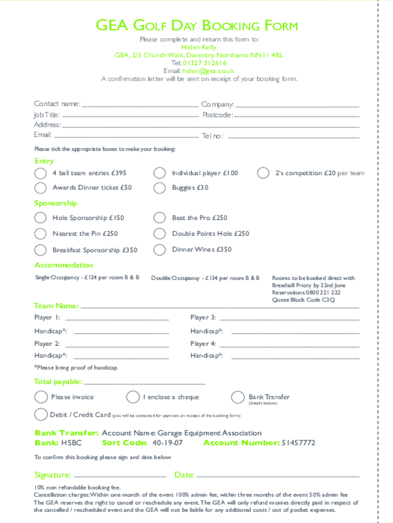 Fillable Online GEA Golf Day Booking Form Fax Email Print - pdfFiller