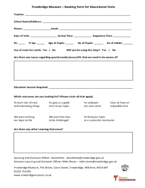 Fillable Online Trowbridge Museum Booking Form for Educational Visits ...