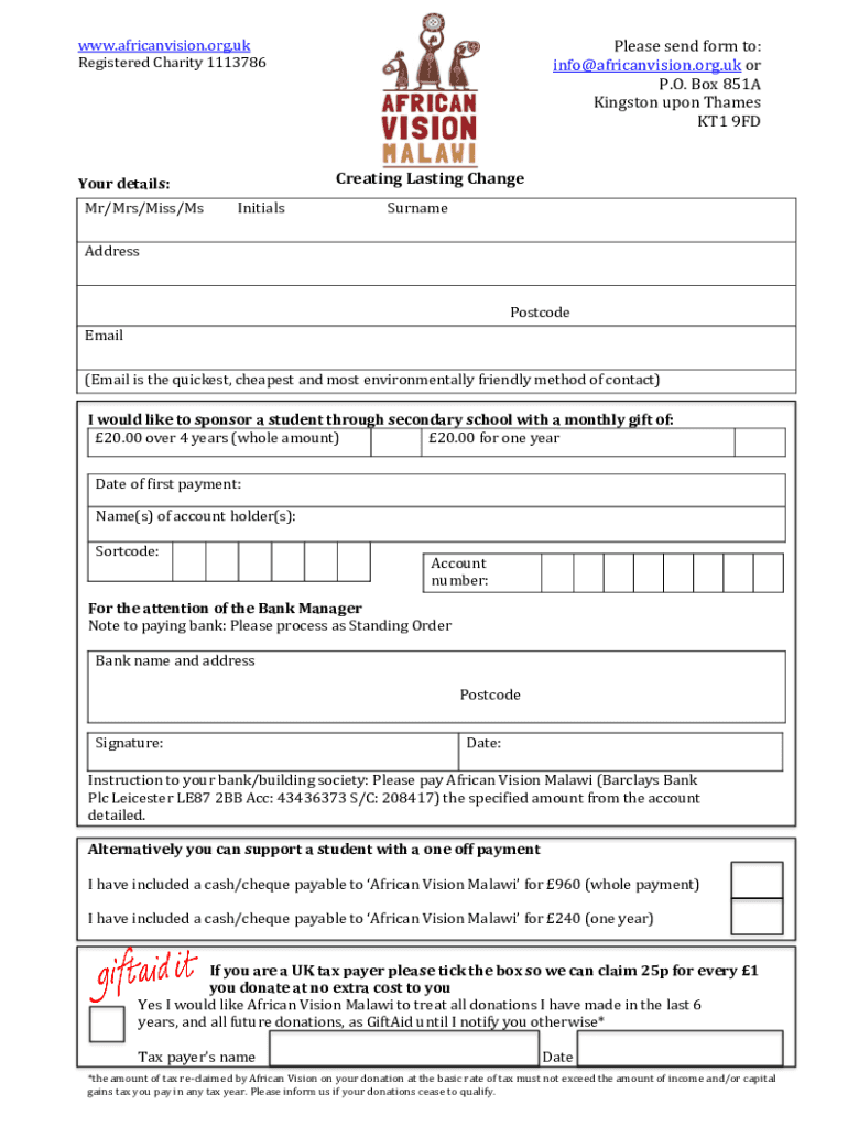 Fillable Online sponsorship form template - African Vision Malawi Fax Email Print - pdfFiller