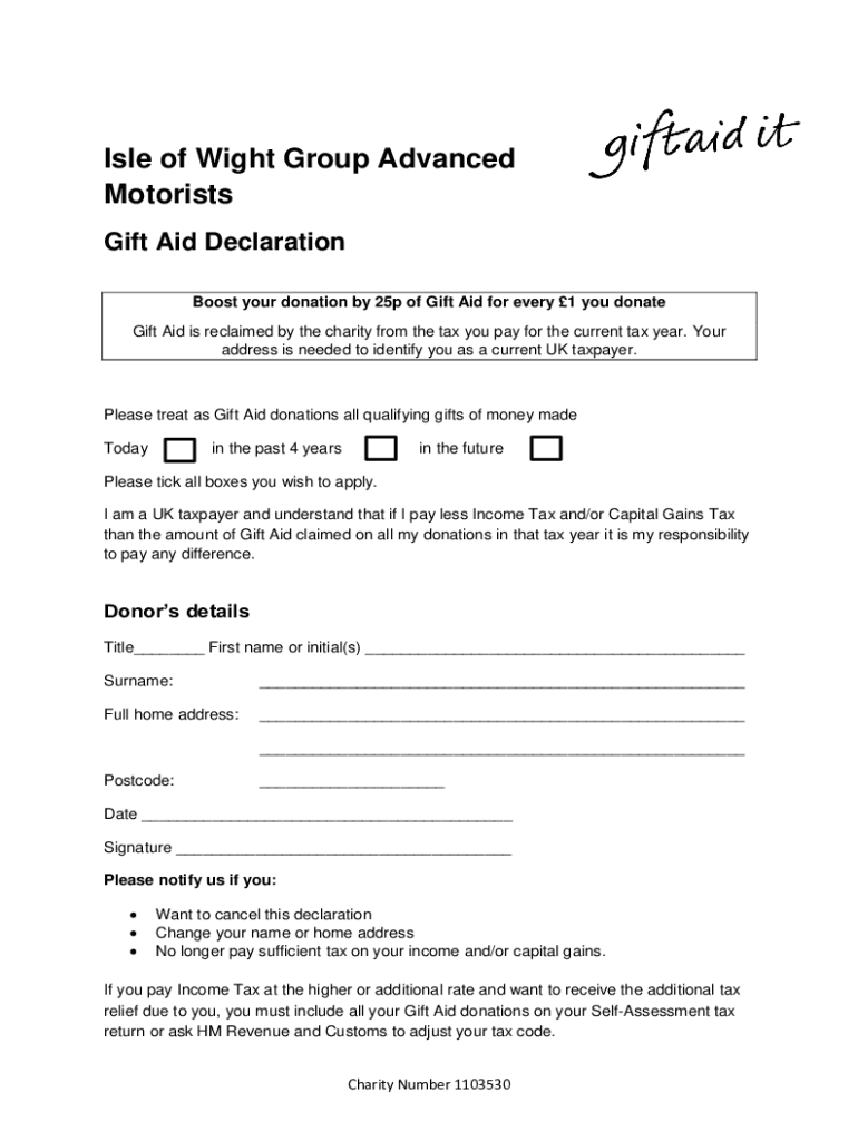 Fillable Online Charity Gift Aid Declaration Single donations - Sight ...