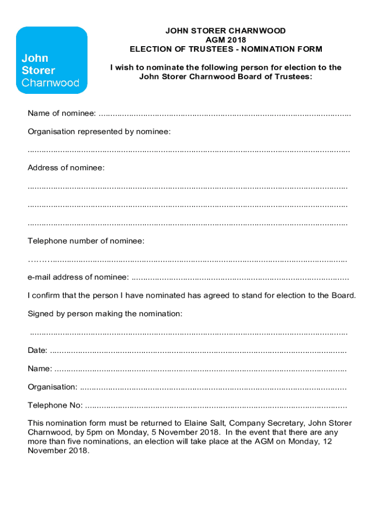 Fillable Online johnstorercharnwood org 2018 Trustee Nomination Form ...