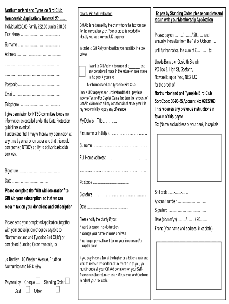 Fillable Online Northumberland and Tyneside Bird Club To pay by ...