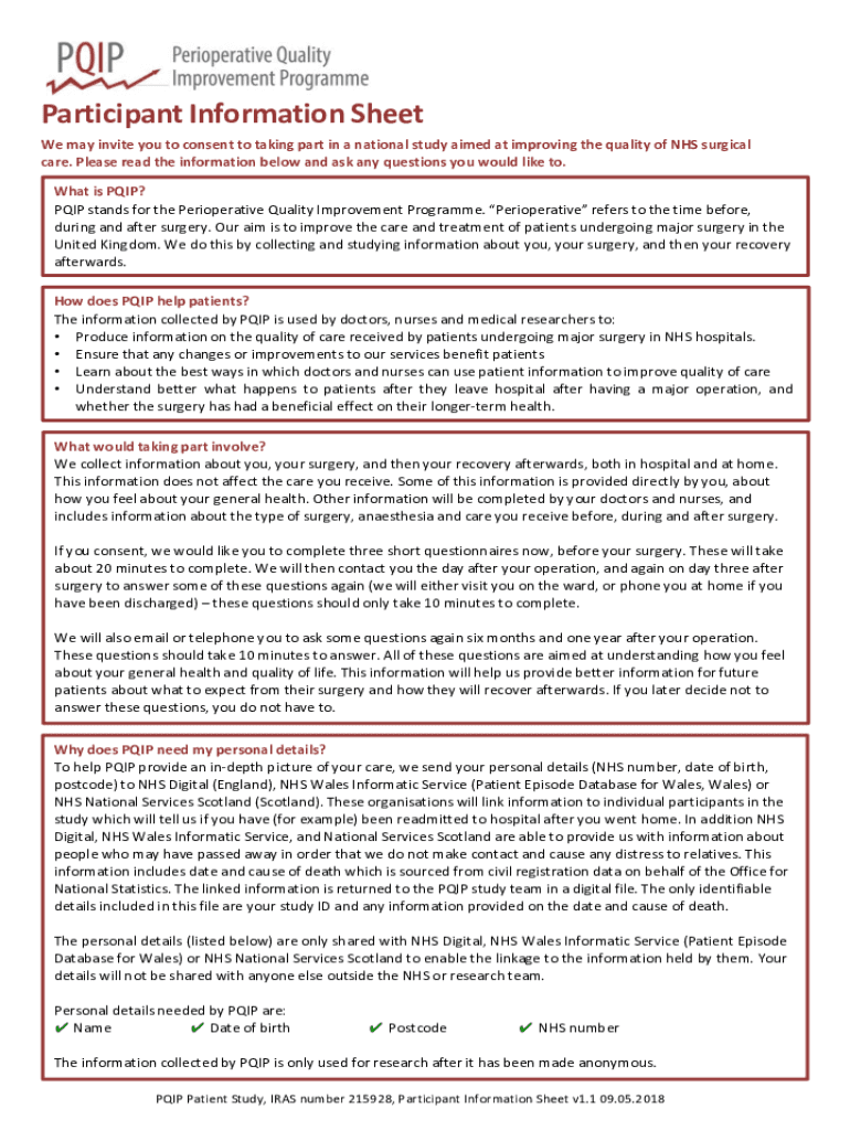 Fillable Online pqip org Participant Information Sheet and Consent Form ...