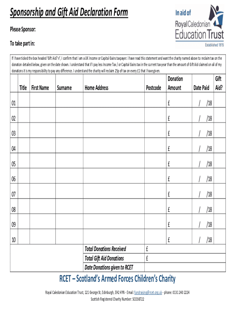 Fillable Online Sponsorship and Charity Gift Aid Declaration Form Fax ...
