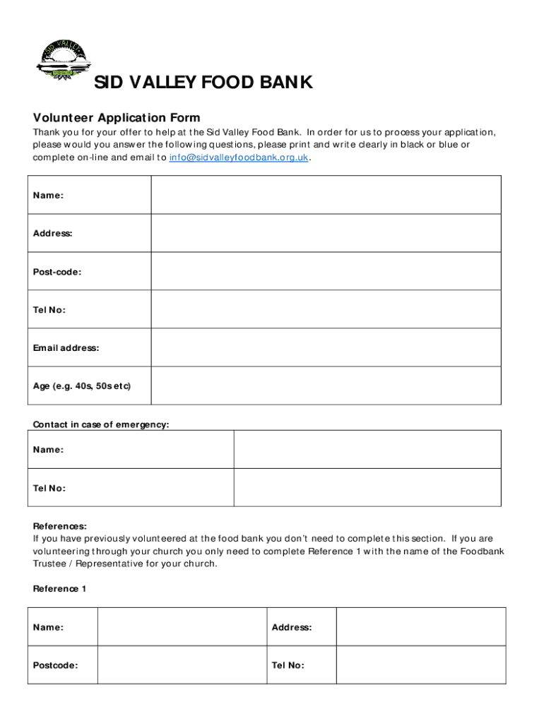 Fillable Online PDF SID VALLEY FOOD BANK Volunteer Application Form Fax ...