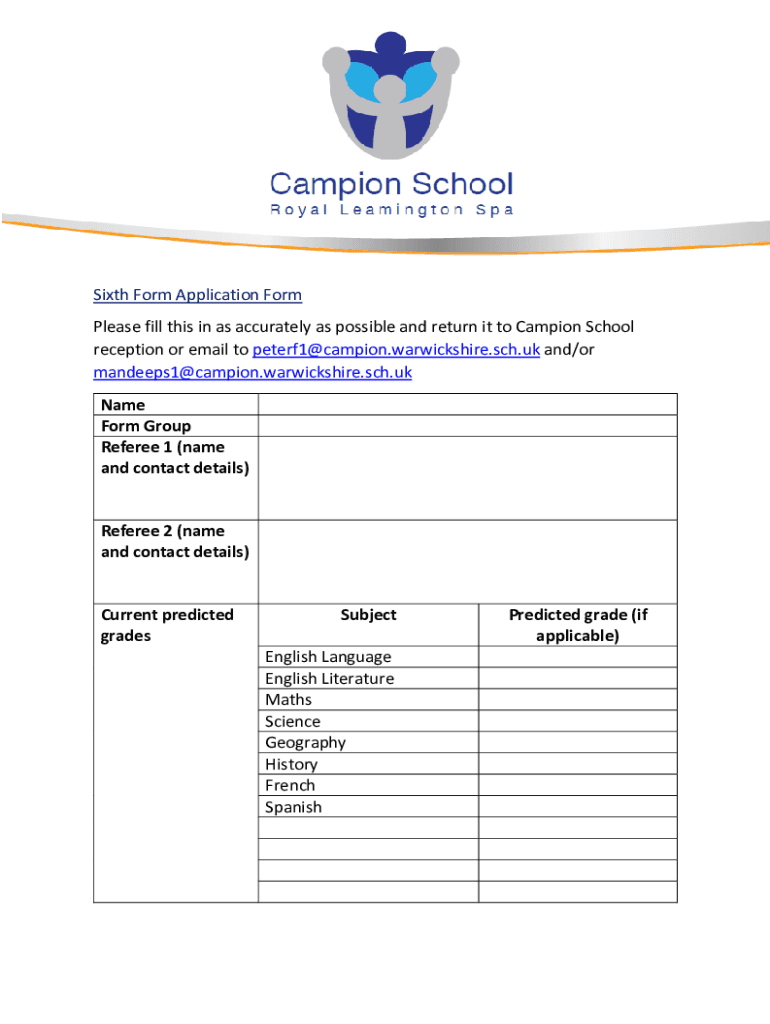 Fillable Online campion warwickshire sch Sixth Form Application Form ...