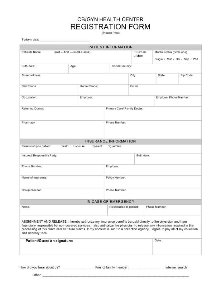 Fillable Online Medical office registration form. OB/GYN HEALTH CENTER ...