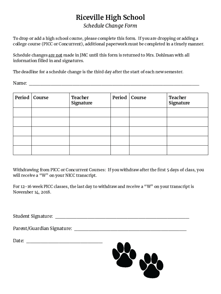 Fillable Online Riceville High School Schedule Change Form. Schedule Change Form Fax Email Print ...
