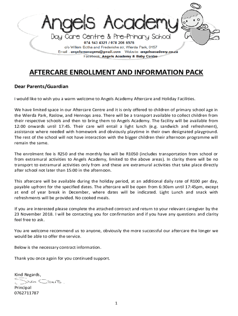 Fillable Online AFTERCARE ENROLLMENT AND INFORMATION PACK - Angels ...