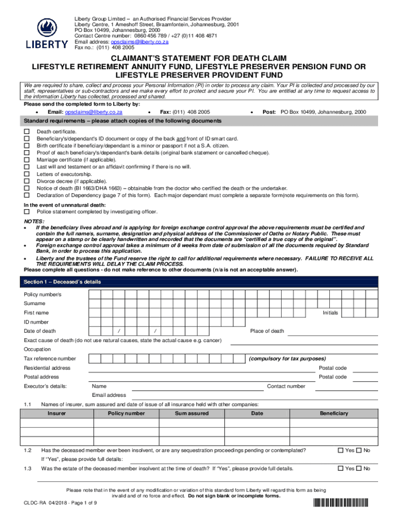 Fillable Online CLAIMANTS STATEMENT FOR DEATH CLAIM (EXCLUDES ...