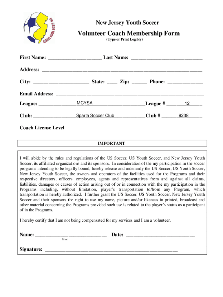 Fillable Online New Jersey Youth Soccer Player Membership Form - Fill ...