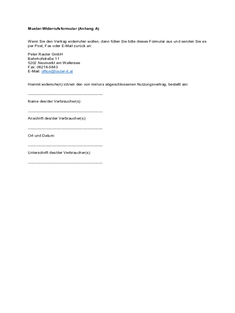 Fillable Online Anhang 1: Muster-Widerrufsformular Wenn Sie den Vertrag ...